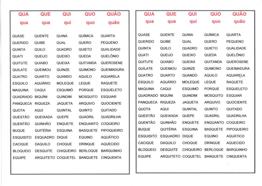 Lista De Palavras QUA QUE QUI QUO QU O Alfabetiza o Blog