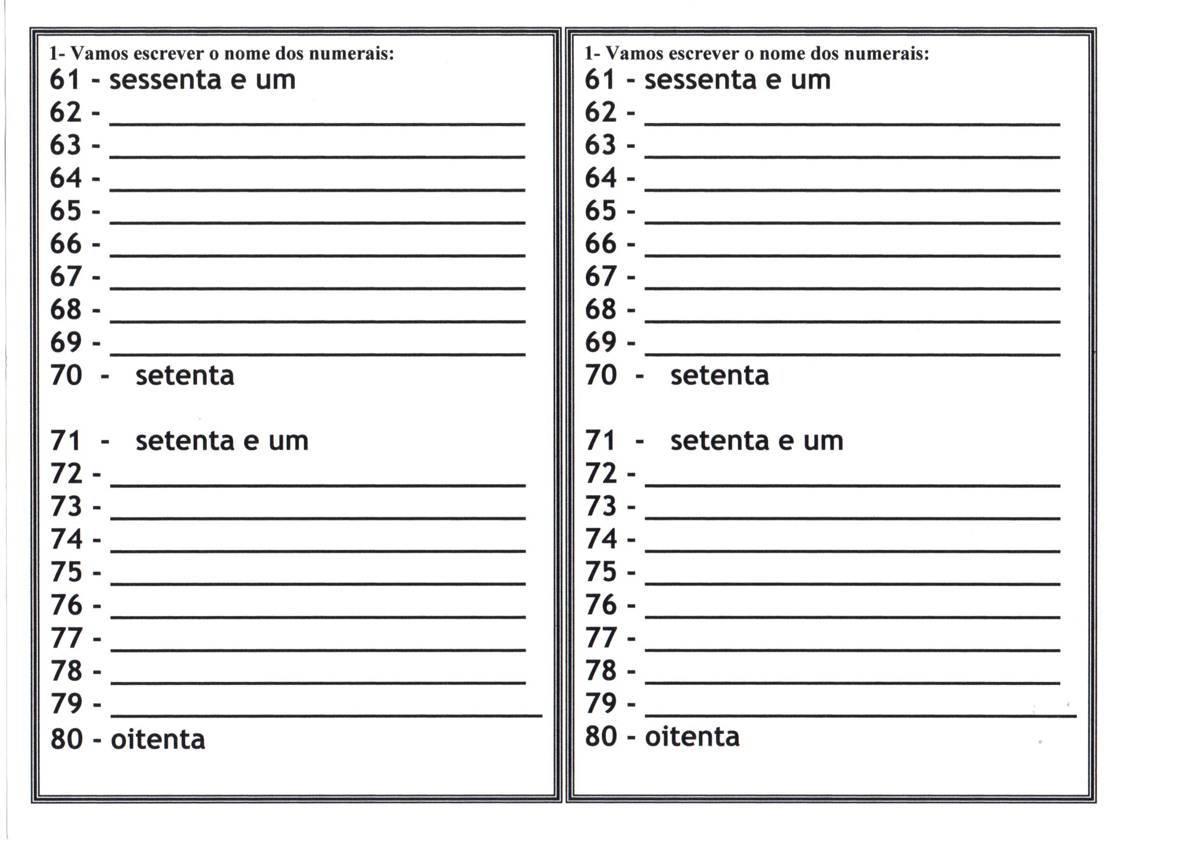 💖Numerais por extenso de 61 a 80 · Alfabetização Blog