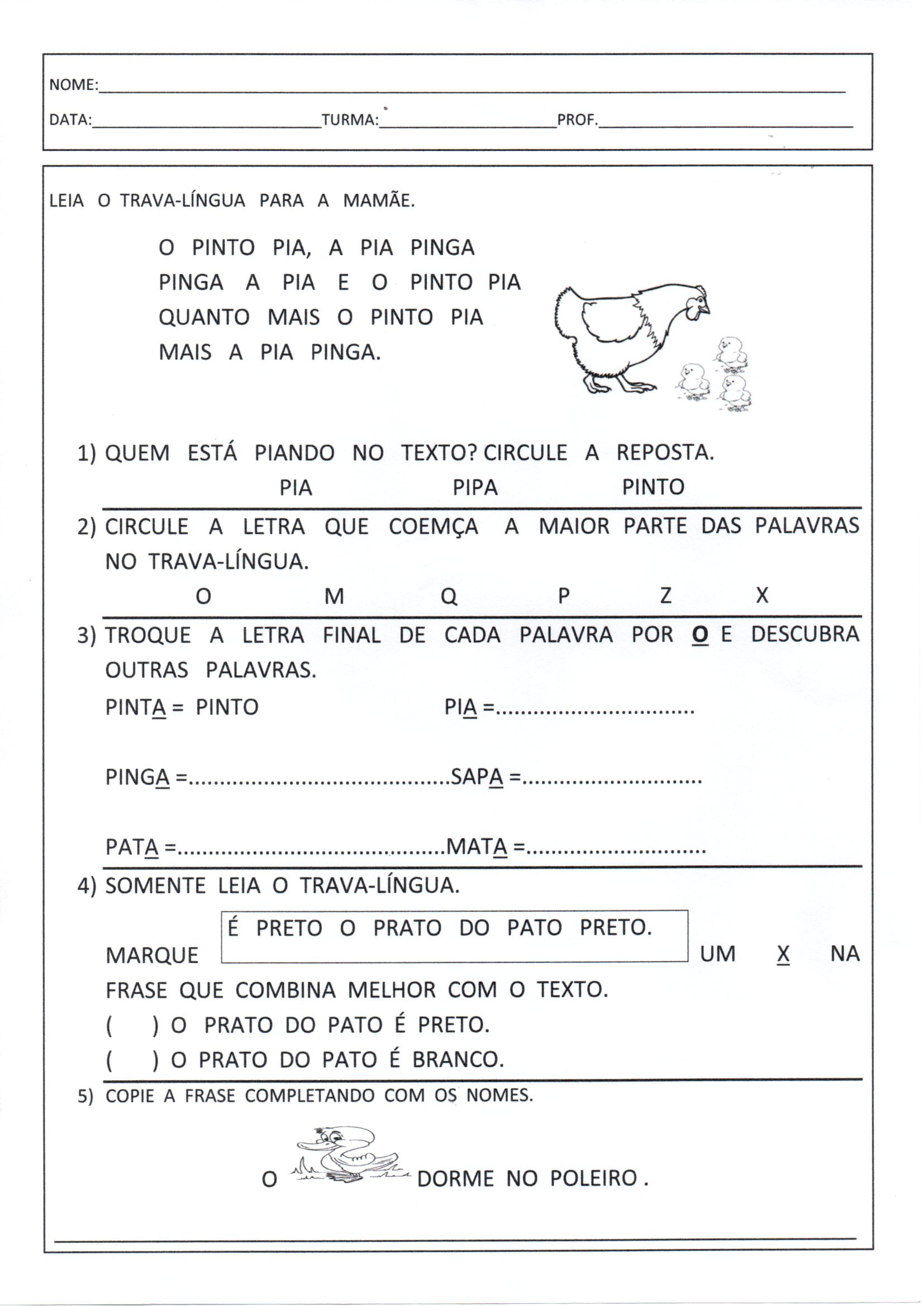 💖Trava-língua-O Pinto pia a Pia pinga · Alfabetização Blog