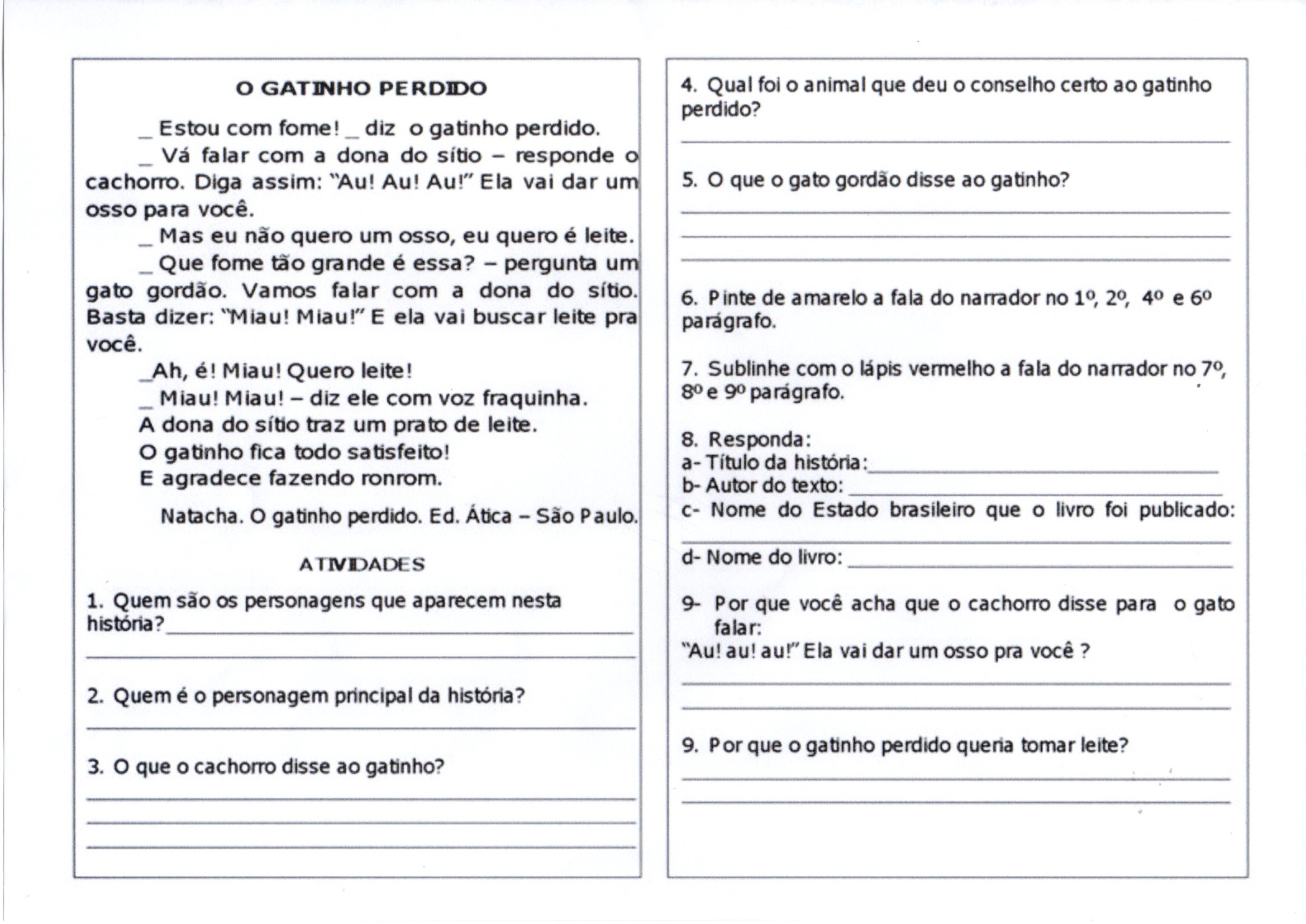 💖O gatinho perdido-Leitura e interpretação 1 · Alfabetização Blog