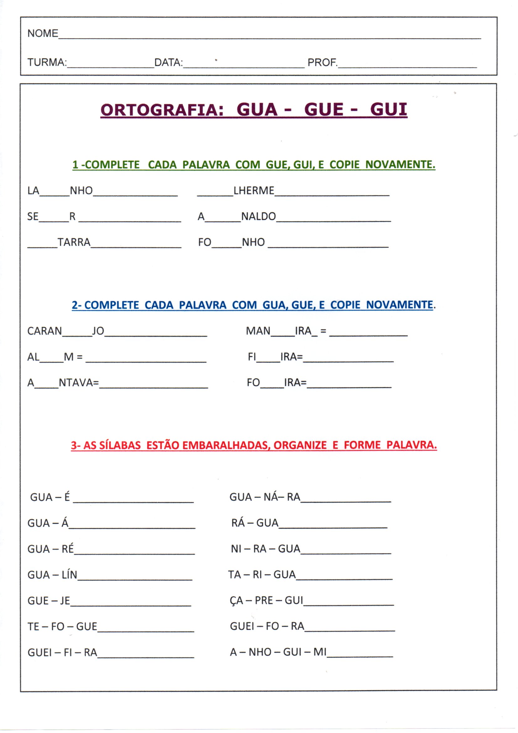 💖Ortografia GUA GUE GUI · Alfabetização Blog