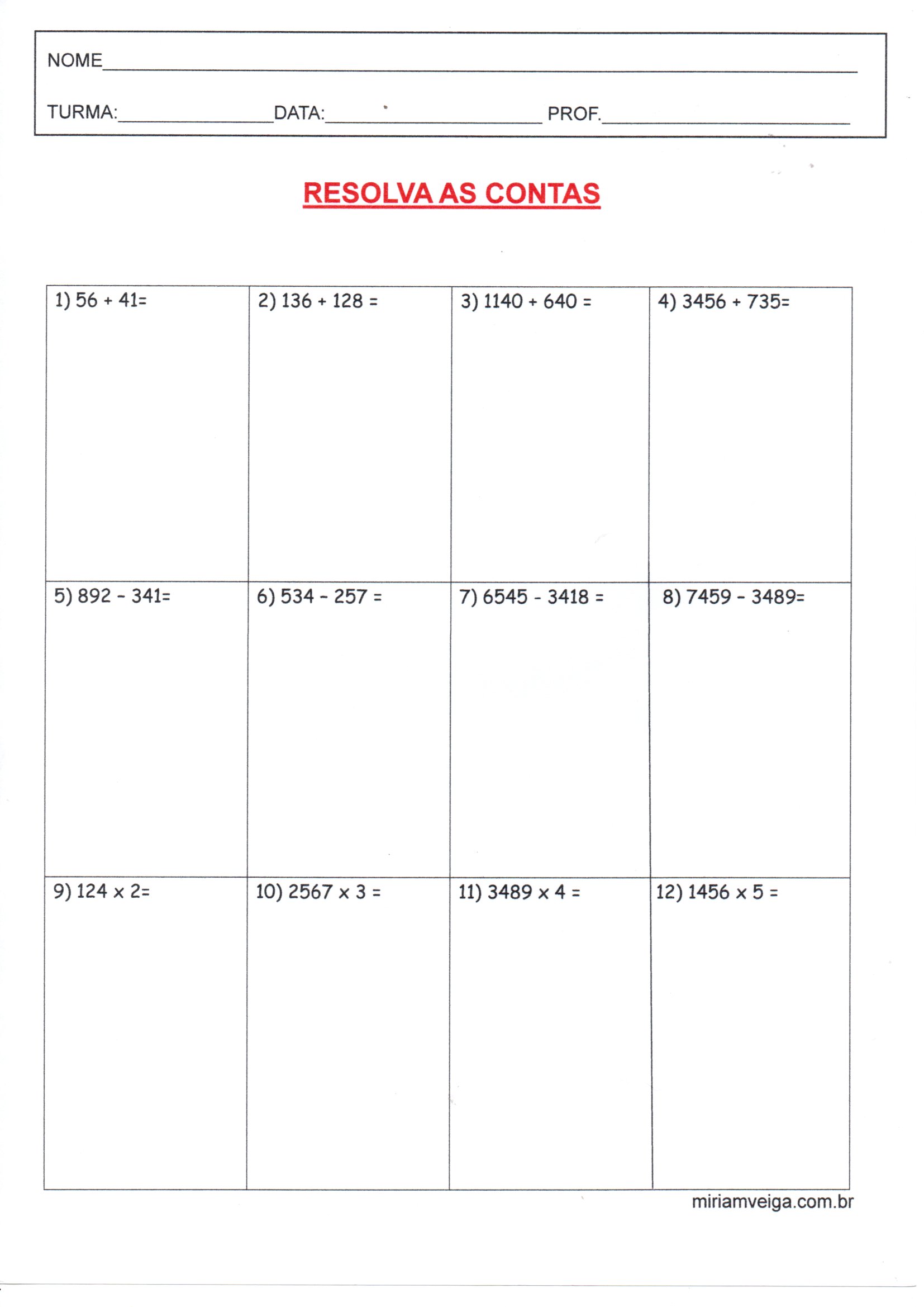 💖Matemática-Contas para resolver · Alfabetização Blog
