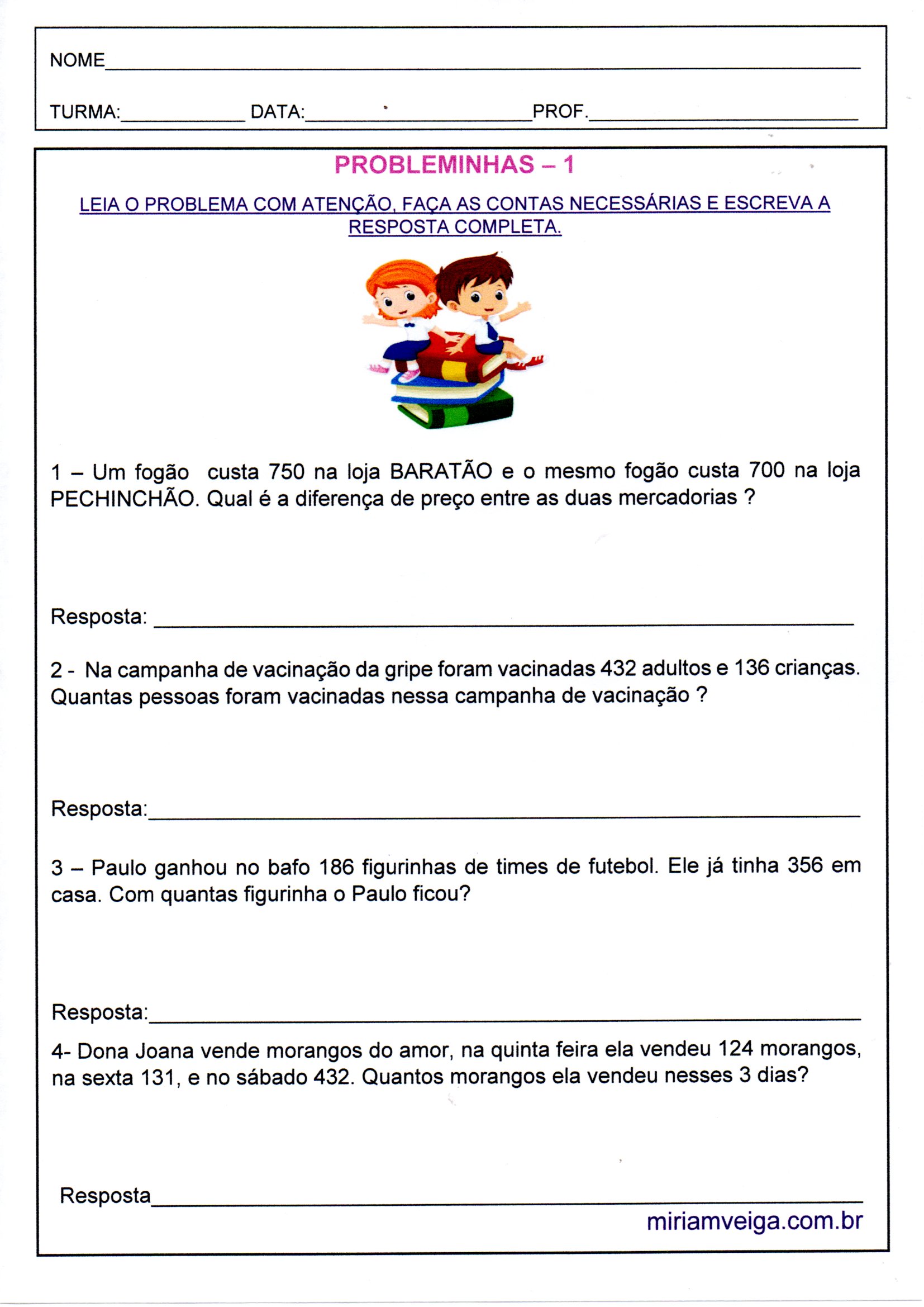 💖Probleminhas de matemática 1 · Alfabetização Blog